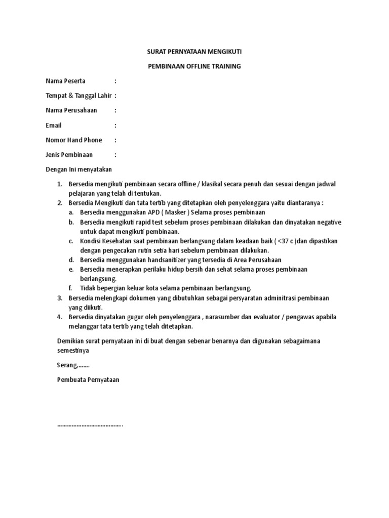 Surat Pernyataan Mengikuti Training | PDF
