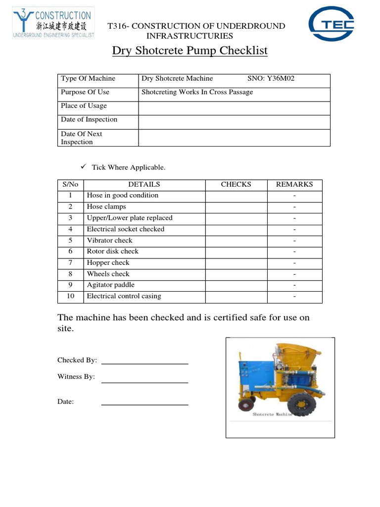 Dry Shotcrete Machine Inspection Checklist | PDF