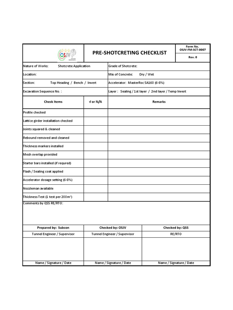 Pre Shotcreting Checklist | PDF