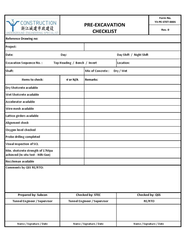 Pre-Excavation Checklist | PDF