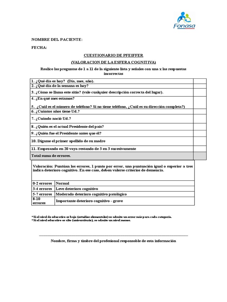 Test de Barthel y Pfeiffer: Valoración Cognitiva y Funcional | PDF