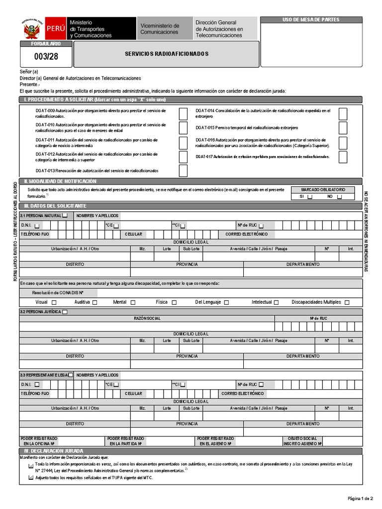 Formulario 003-28 Servicios Radioaficionados | PDF