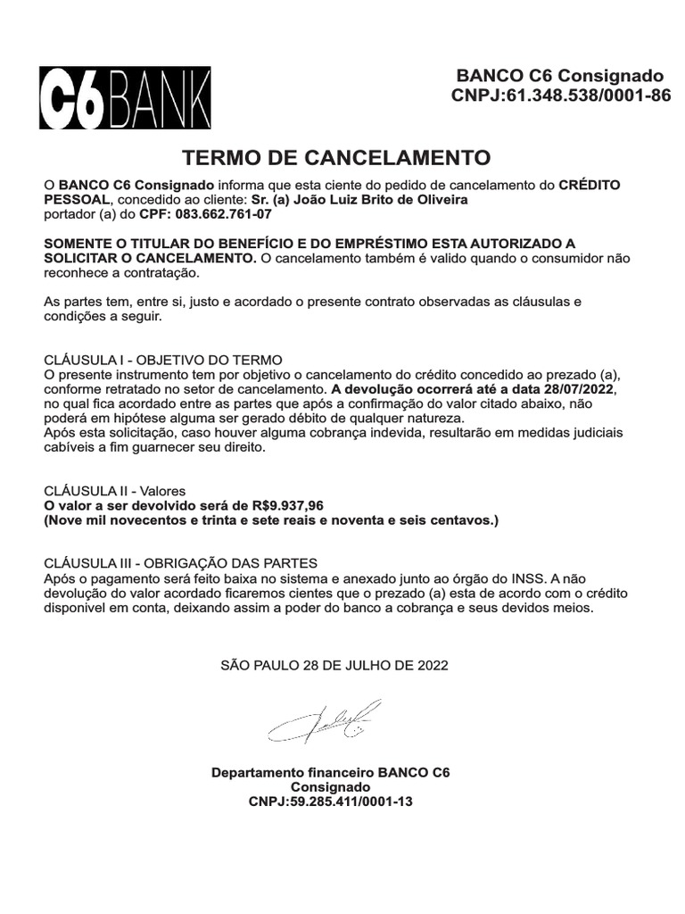 Termo de Cancelamento João Luiz Brito de Oliveira | PDF