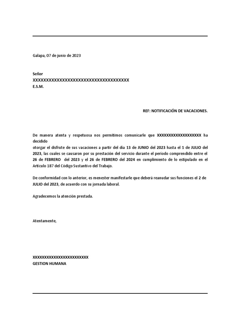 Carta Modelo - Notificación de Vacaciones | PDF