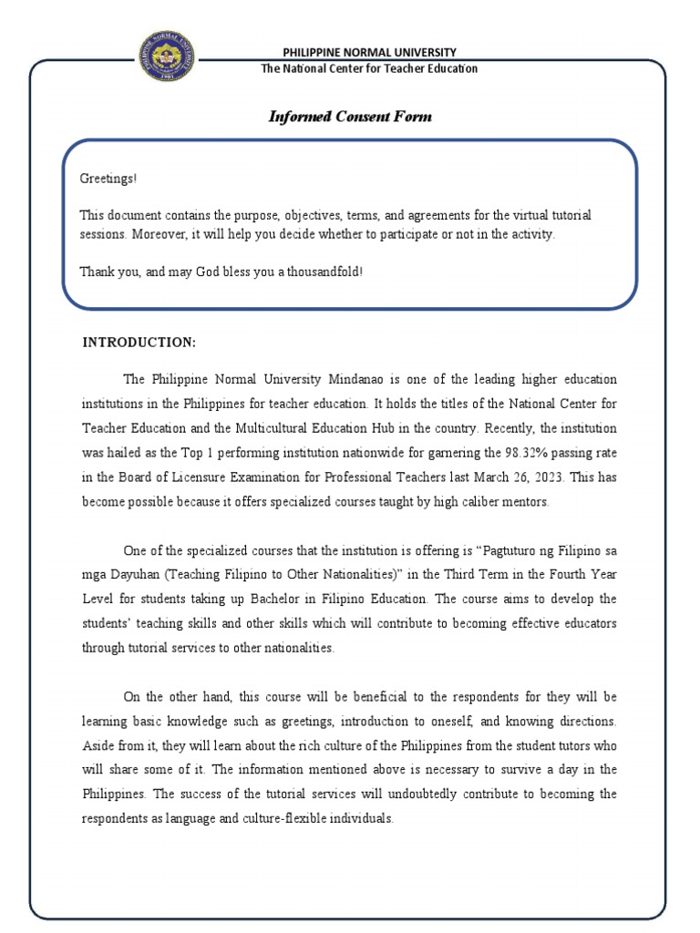 Informed Consent Form For Filipino Language Tutorial | PDF | Teachers ...