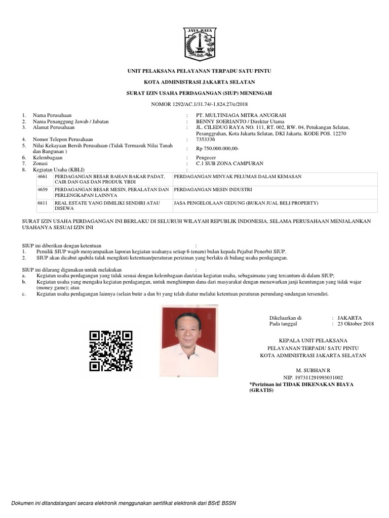 Surat Izin Usaha Perdagangan Siup Besar Menengah (1) | PDF