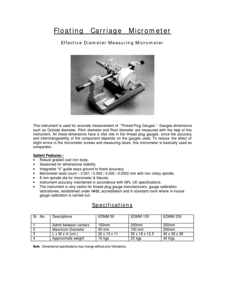 Floating Carriage Micrometer Overview | PDF | Calibration | Measurement