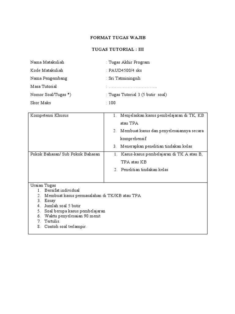FORMAT TUGAS WAJIB 3 - PAUD4500 - TAP - Sri Tatminingsih - 2016 | PDF