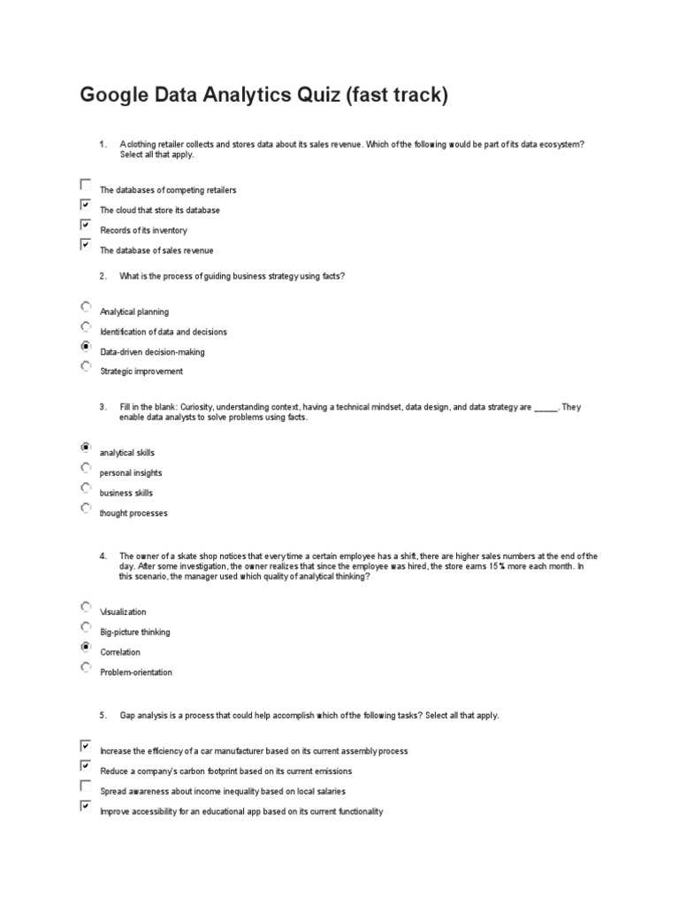 Google Data Analytics Quiz 1st Week | PDF | Data Analysis | Analytics Google Data Analytics Quiz 1st Week | PDF | Data Analysis | Analytics