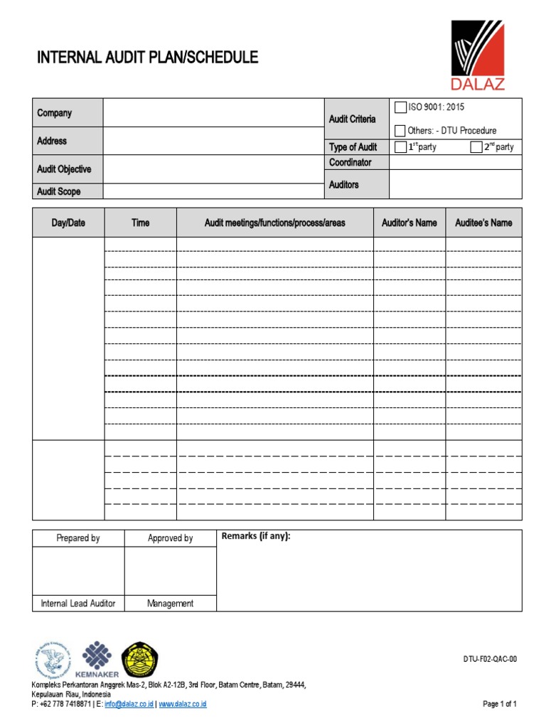 DTU-F02-QAC-00 Internal Audit Plan or Schedule | PDF