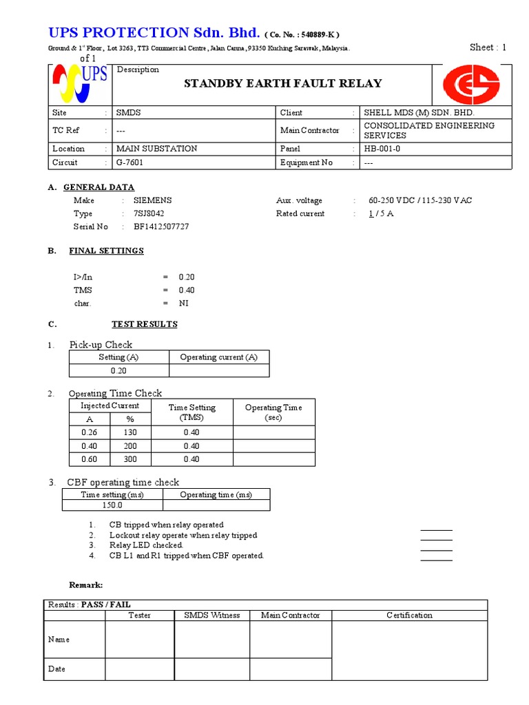Standby Earth Fault Relay Report | PDF