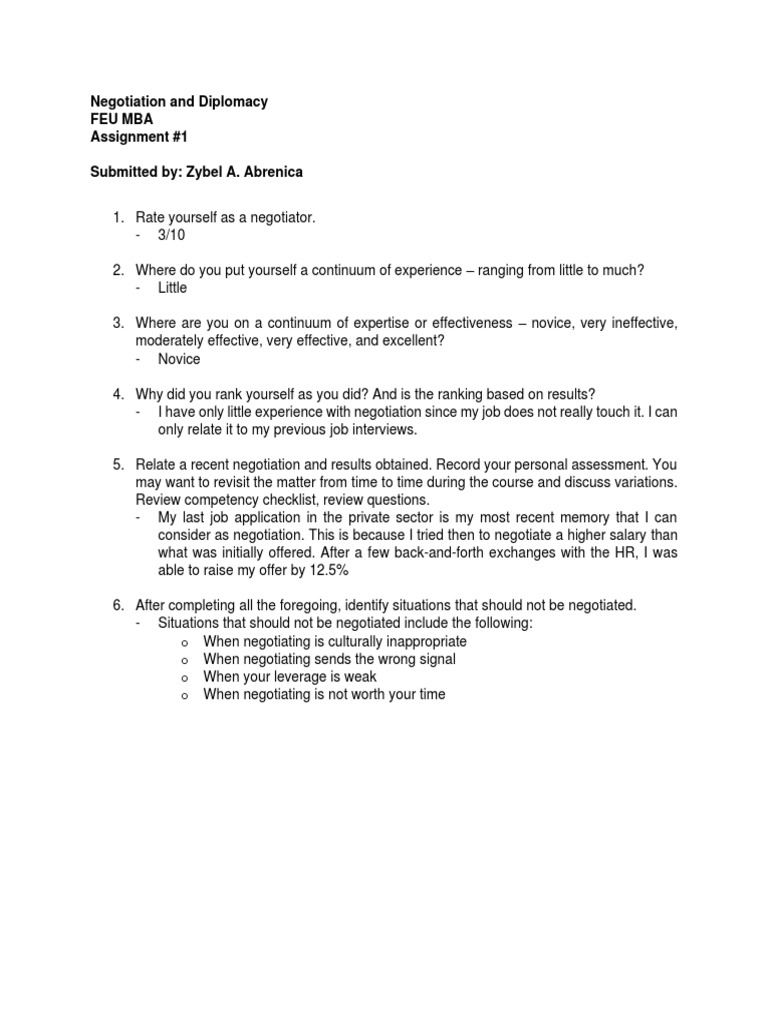 Negotiation and Diplomacy - Assignment #1 - ABRENICA | PDF | Self-Improvement