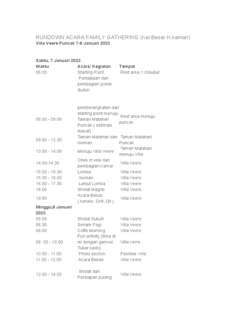 RUNDOWN ACARA FAMILY GATHERING 7-8 Januari 2023 | PDF