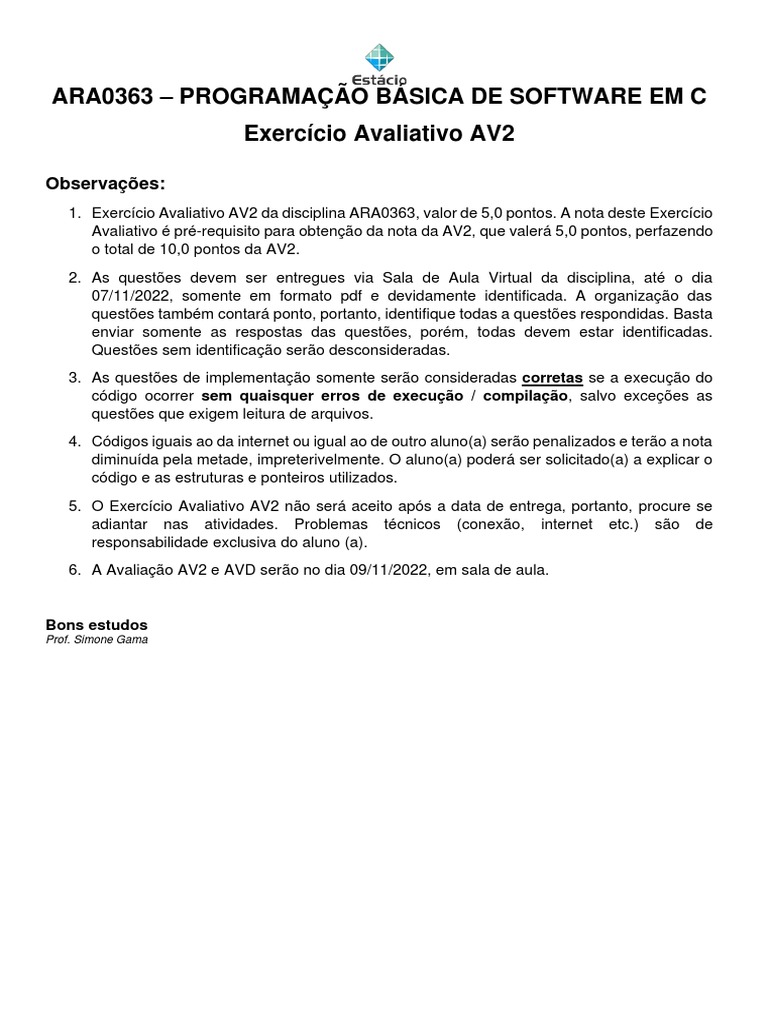 Exercicio Avaliatio AV2 - Progra Software Basico em C | PDF | Soquete de rede | Arduino