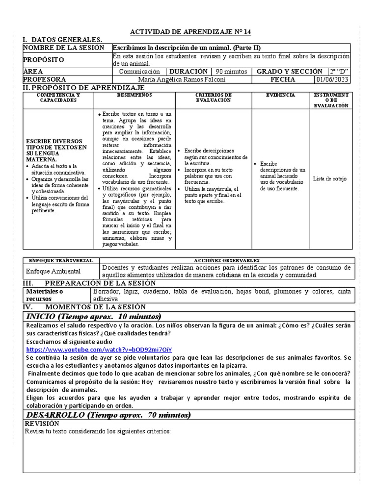 Sesión 14 ESCRIBIMOS DESCRIPCION DE UN ANIMAL 2da Semana Unidad 3 | PDF ...