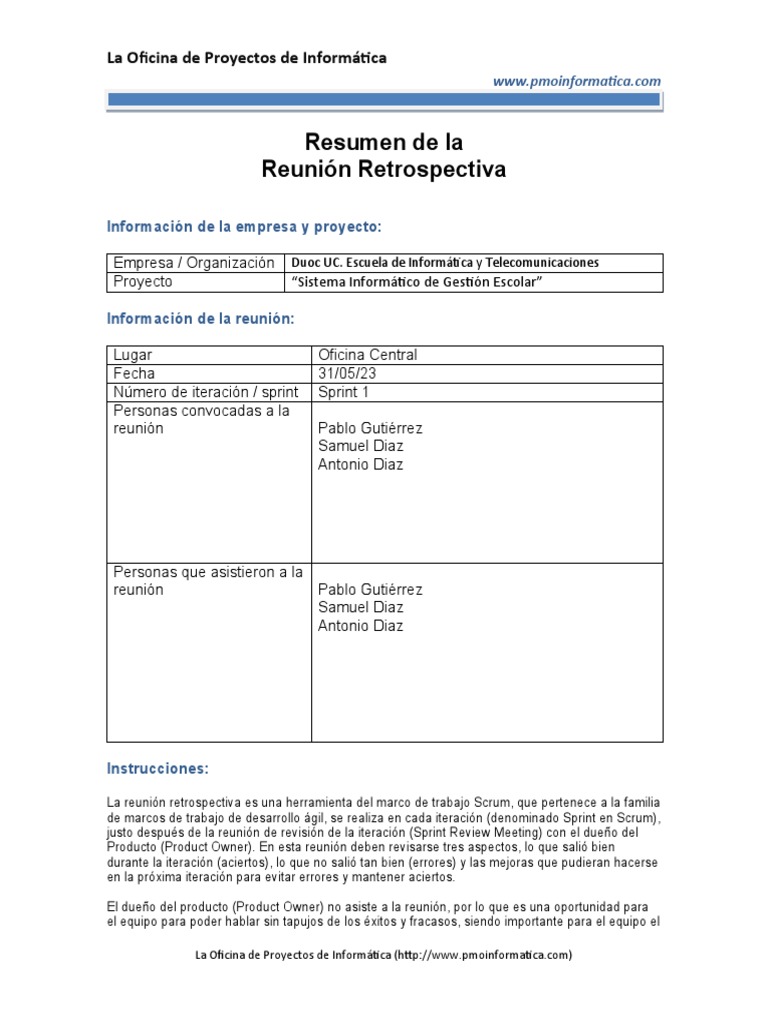 Sprint 1 - Plantilla Resumen Reunion Retrospectiva | PDF | Scrum ...