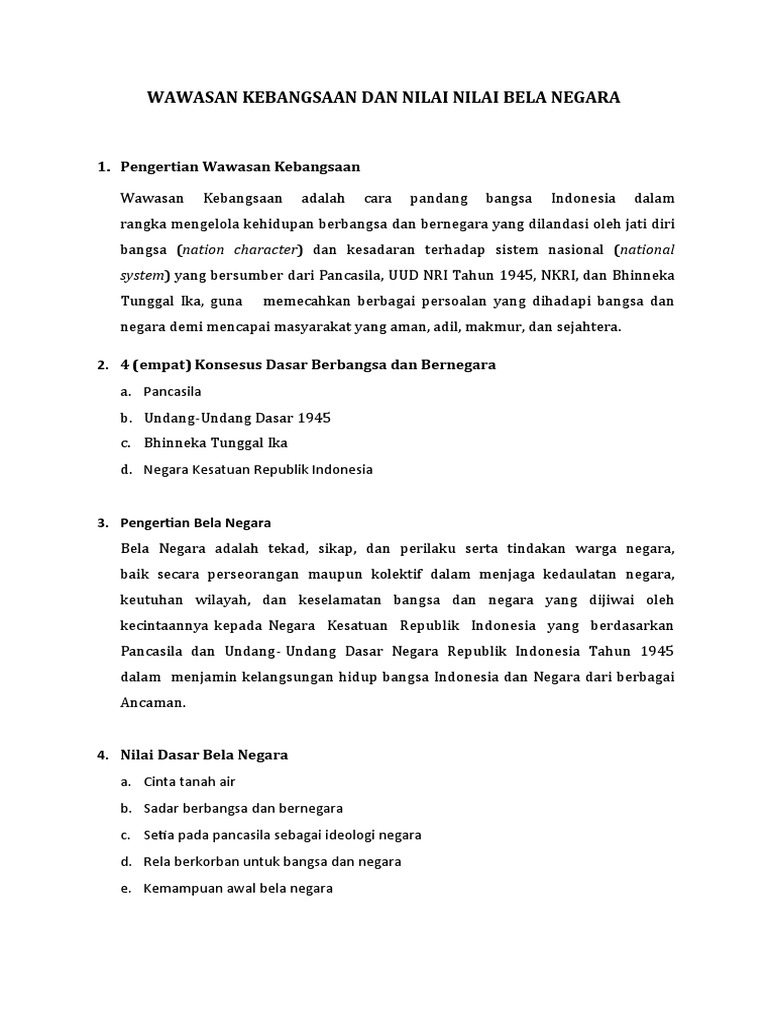 1. RANGKUMAN WAWASAN KEBANGSAAN DAN NILAI NILAI BELA NEGARA | PDF