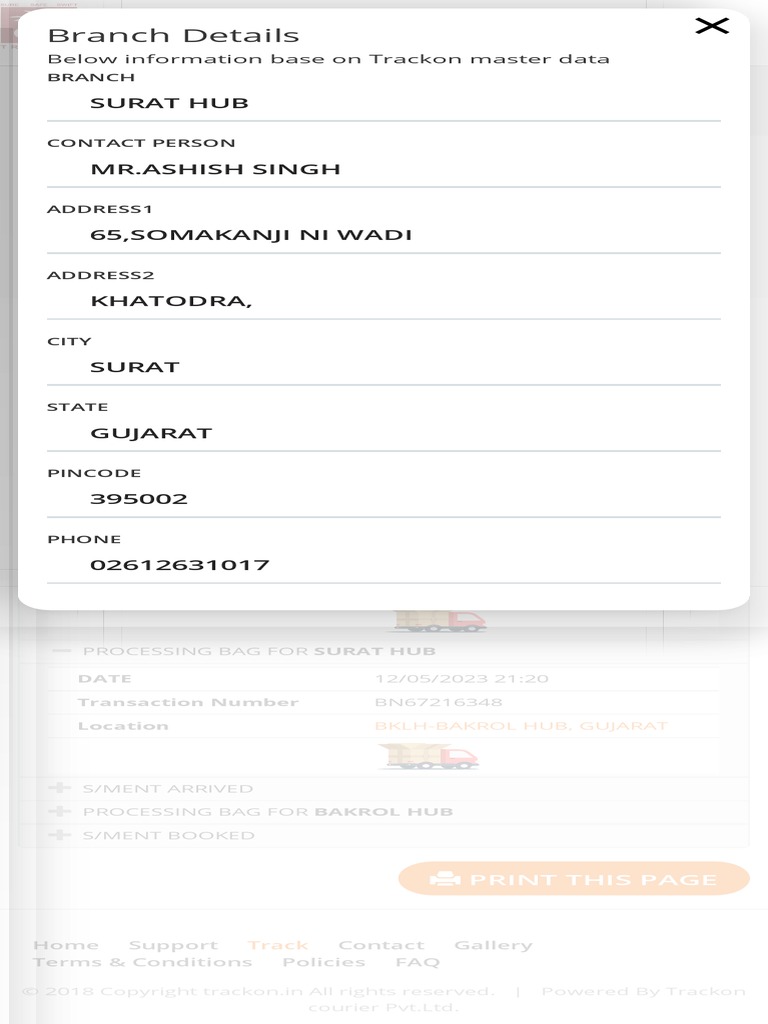 Trackon Courier Surat Hub Details | PDF