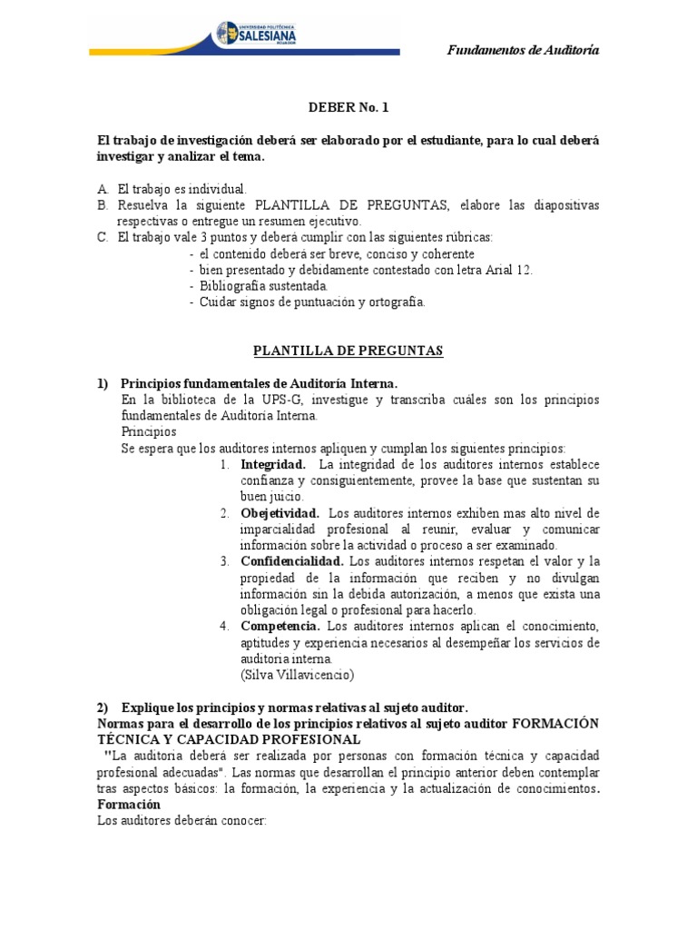 Deber 1 | PDF | Auditoría | Contralor
