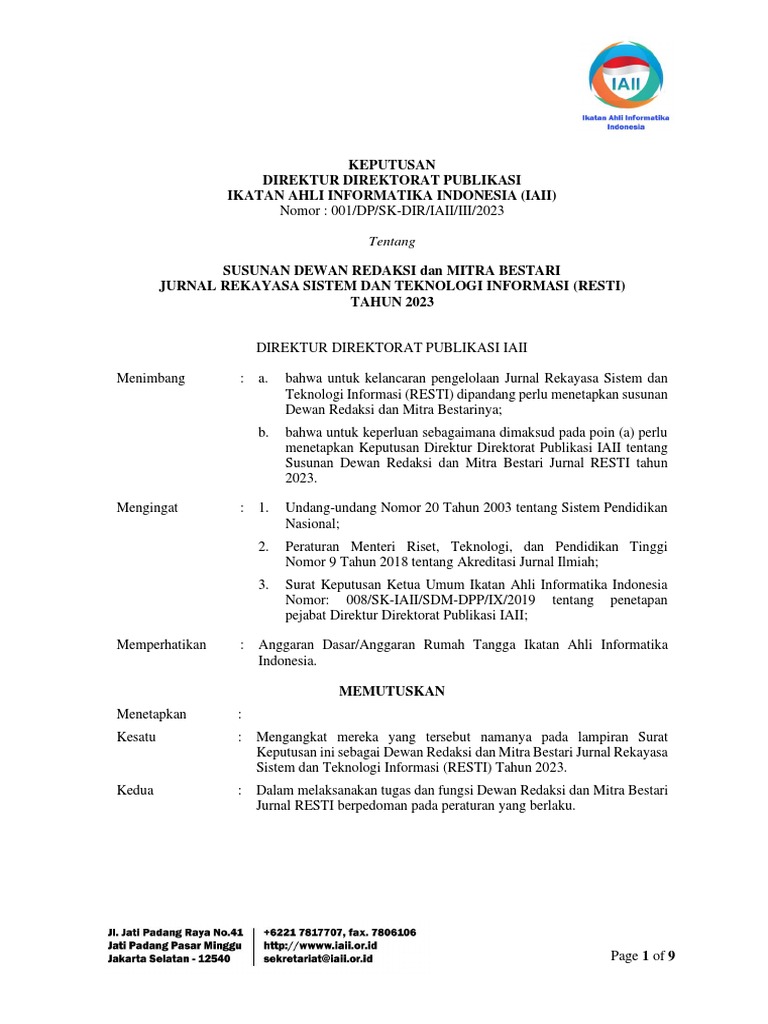 Susunan Redaksi Jurnal RESTI 2023 | PDF