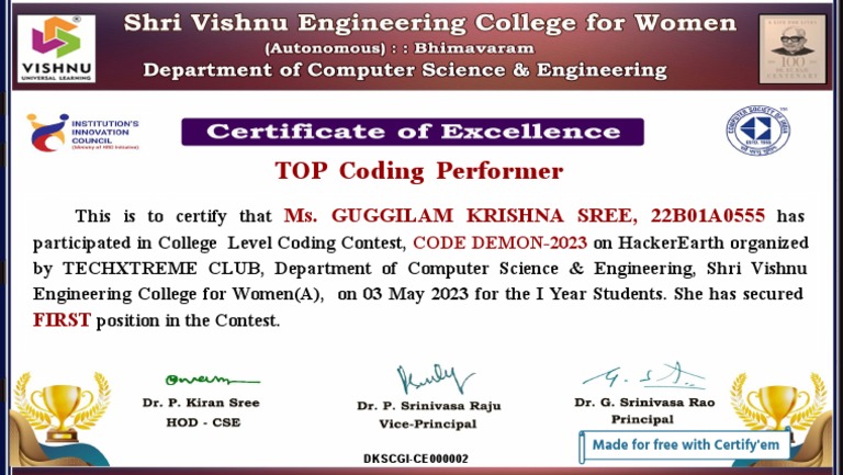 Certificate For - GUGGILAM KRISHNA SREE, 22B0... - For - Shri Vishnu ...