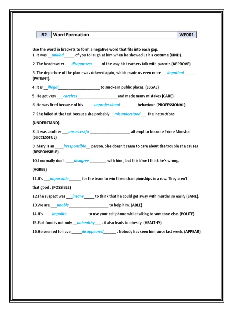 Word Formation - Negative Form ... F Worksheets (B2) - WF001 ECB 6IV22 ...