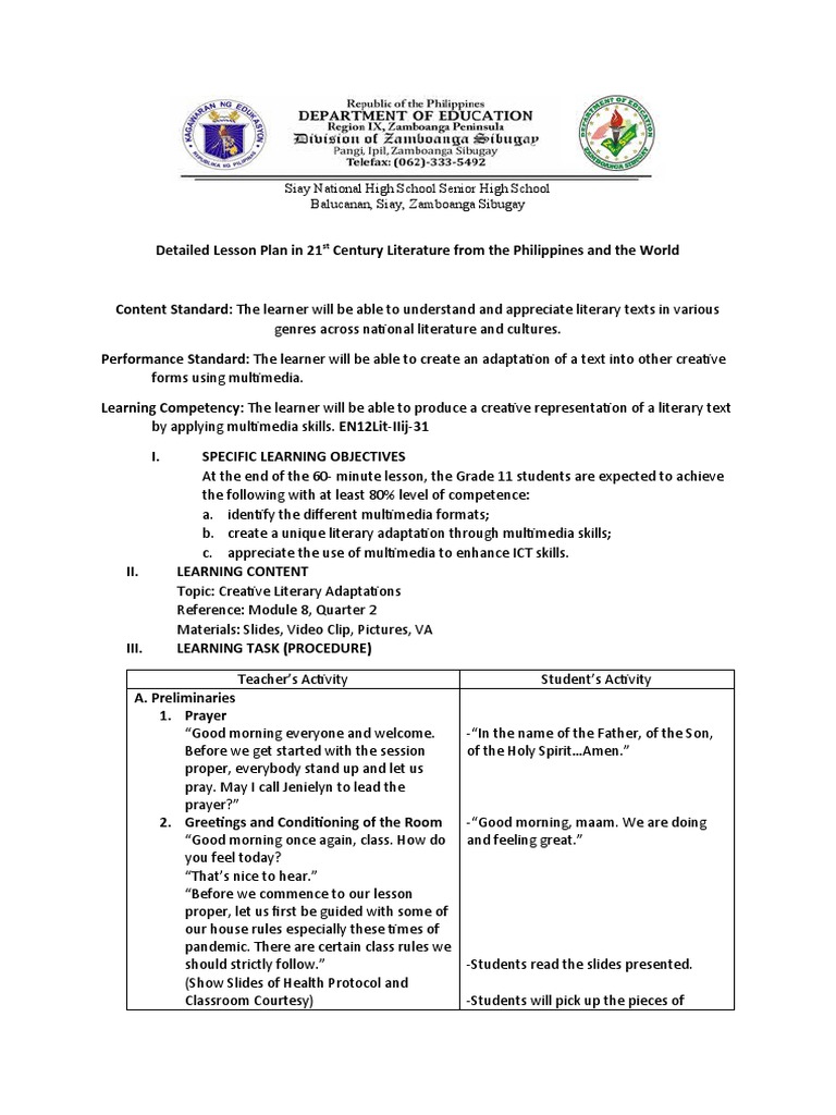 Creative Literary Adaptations Lesson Plan | PDF | Multimedia | Learning