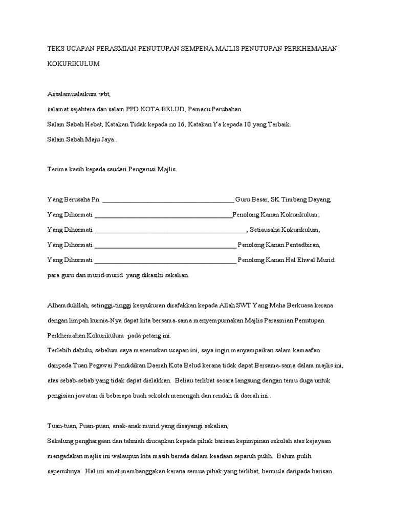 TEKS UCAPAN PERASMIAN PENUTUPAN SEMPENA MAJLIS PENUTUPAN PERKHEMAHAN SK ...