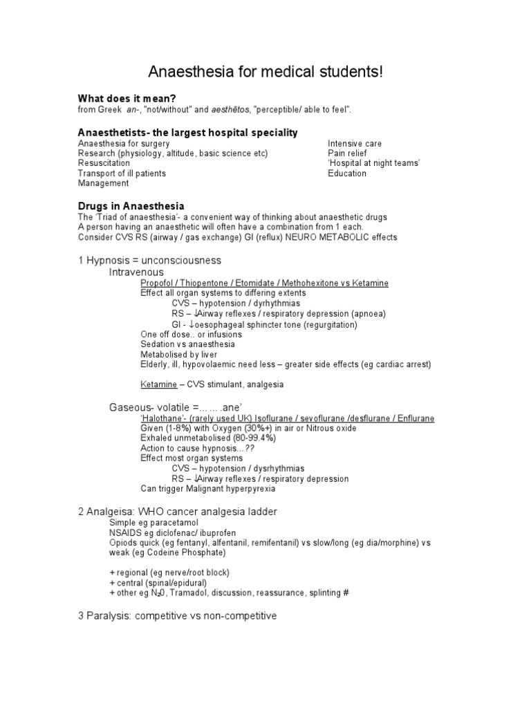 Anaesthesia Handout 2 | PDF | Anesthesia | Medical Specialties