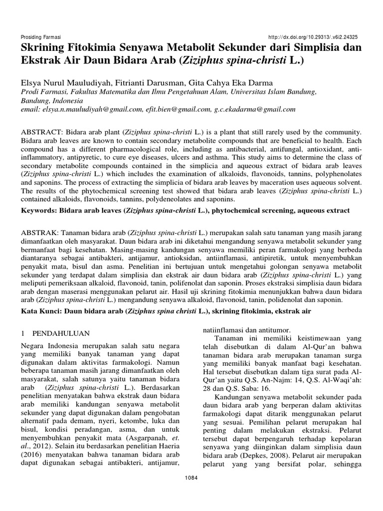 Skrining Fitokimia Senyawa Metabolit Sekunder Dari Simplisia Dan Ekstrak Air Daun Bidara Arab ...