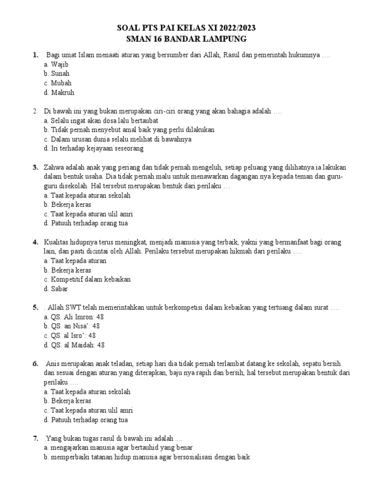 Soal Pts Pai Kelas Xi 2022-2023 Genap | PDF