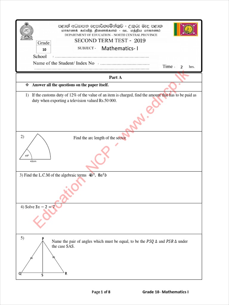 Grade 10 Mathematics 2nd Term Test Paper 2019 English Medium North ...