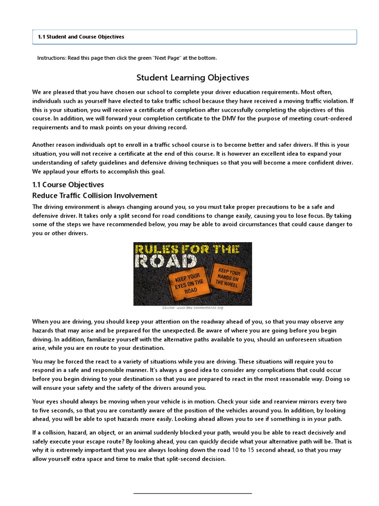 Traffic School Course Objectives | PDF | Traffic Collision | Traffic