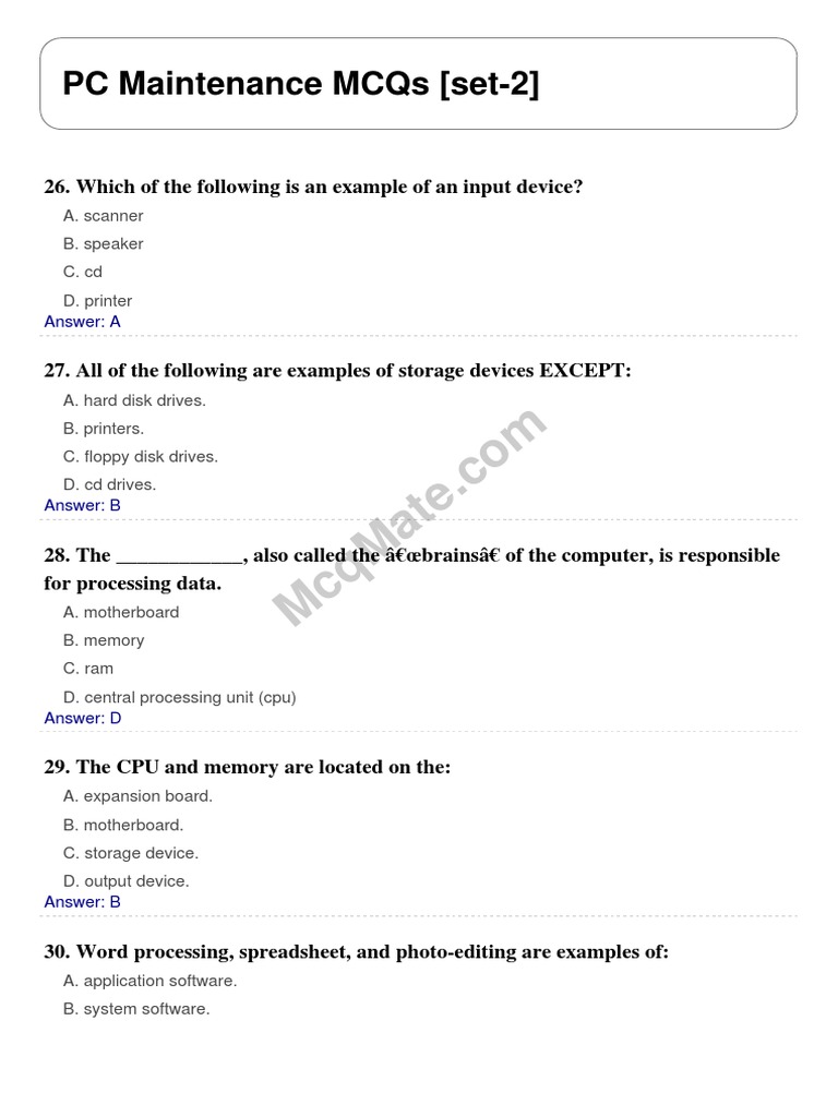 PC Maintenance Solved MCQs (Set-2) | PDF | Personal Computers ...