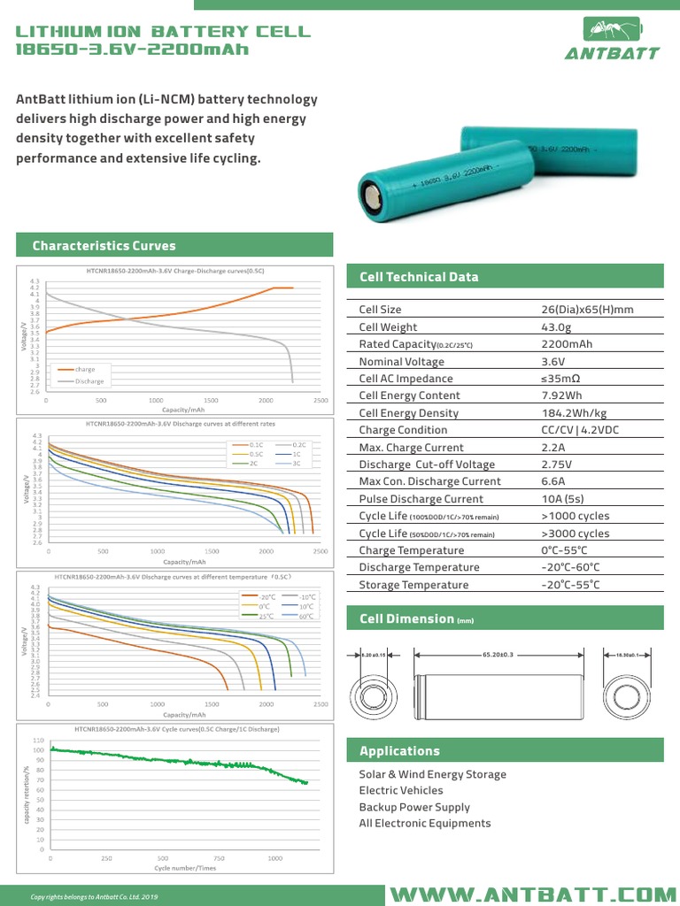 18650-3.6V-2200mAh-Datasheet | PDF | Lithium Ion Battery | Physical ...