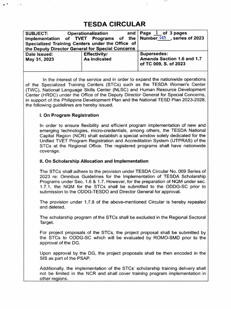 TESDA Circular No. 023-2023 | PDF | Legal Documents | Government TESDA Circular No. 023-2023 | PDF | Legal Documents | Government