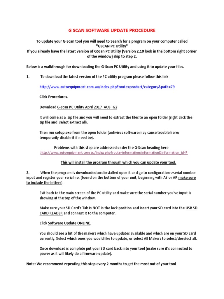 G SCAN SOFTWARE UPDATE PROCEDURE | PDF