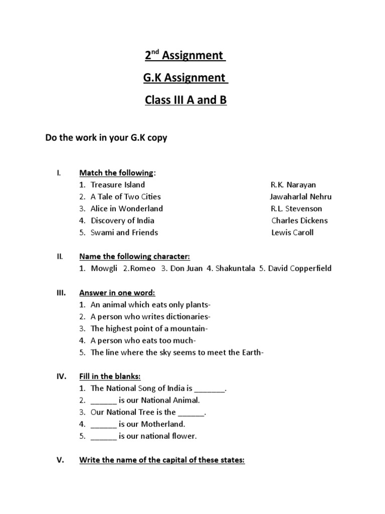 G.K. Assignment for Class III A and B | PDF | Language Arts & Discipline