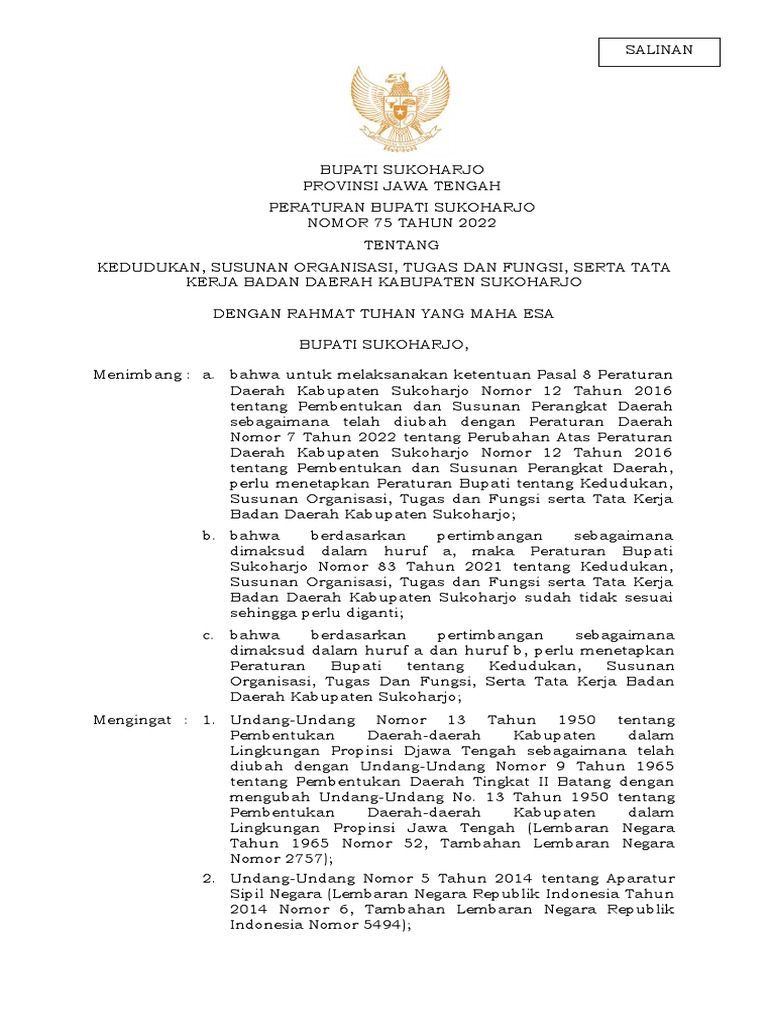 Perbup Nomor 75 Tahun 2022 - Signed PDF | PDF | Pengelolaan Keuangan & Uang
