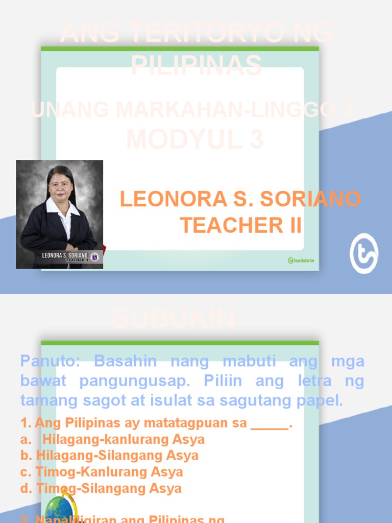Leonora Soriano Araling Panlipunan4 Unang Markahan Linggo3 Modyul3 Ang Teritoryo Ng Pilipinas | PDF