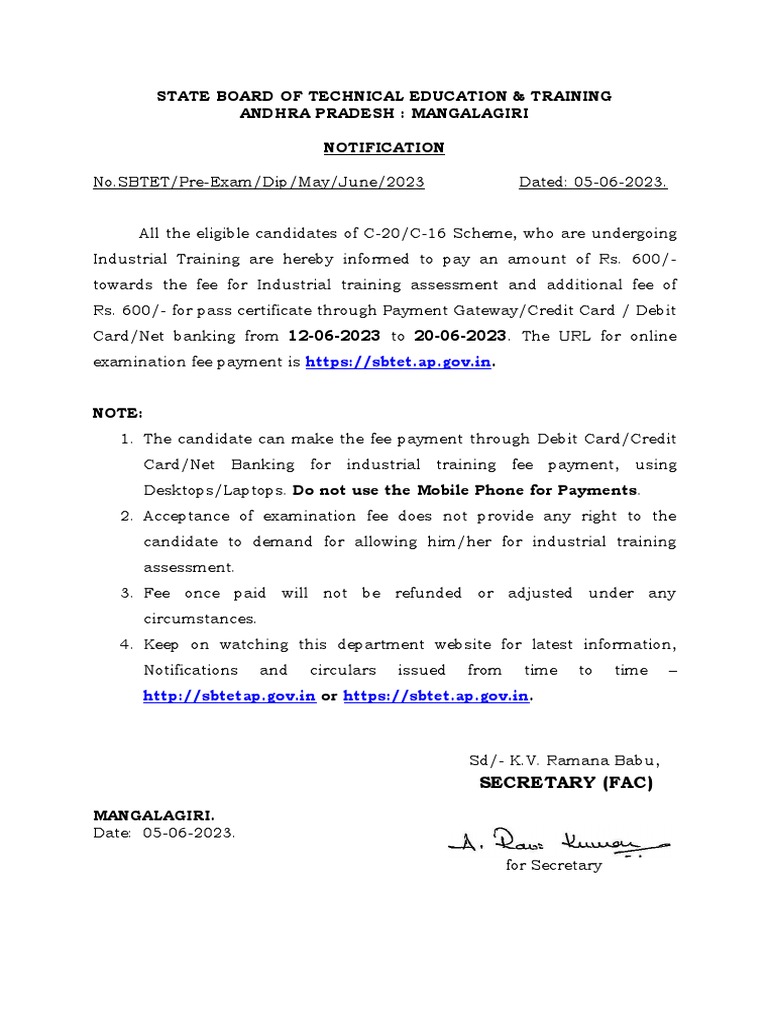 SBTET Industrial Training Fee Notification | PDF