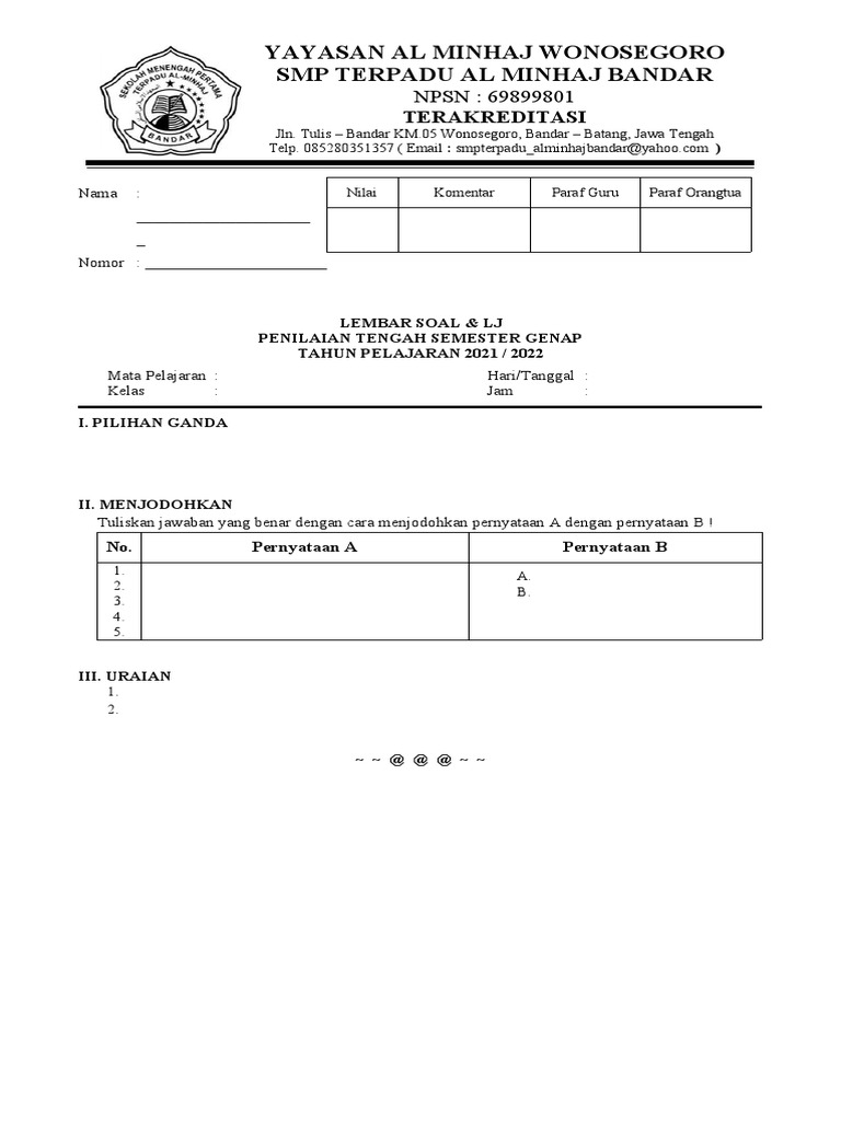 KOP SOAL PTS SMT GENAP New | PDF
