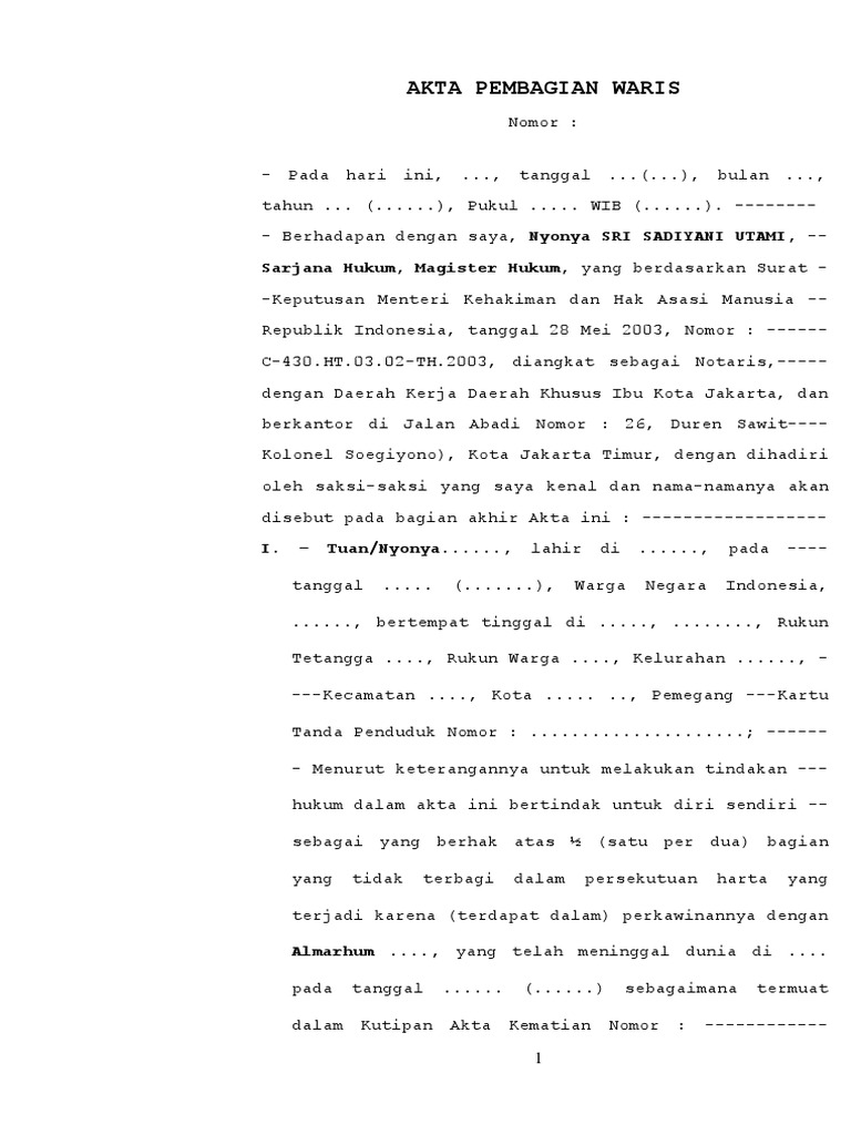 MINUTA Akta Pembagian Waris APW Draft | PDF