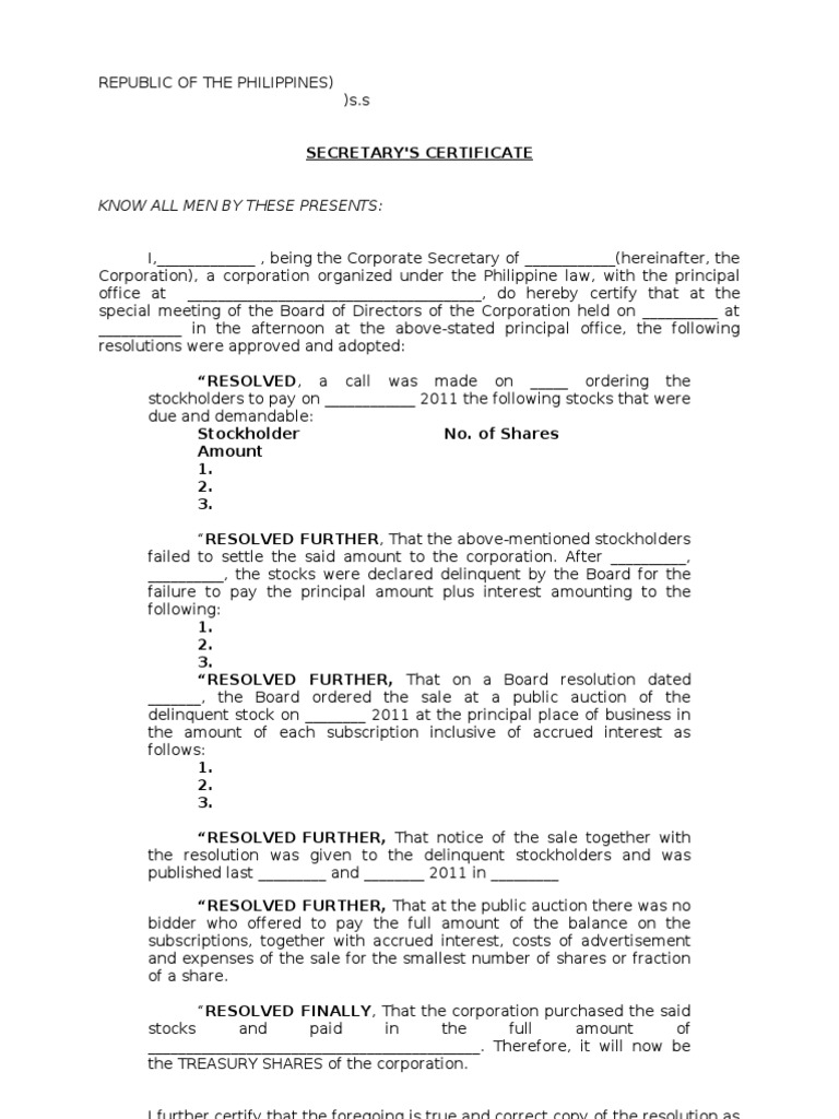 Secretary Certificate - Treasury Shares Template