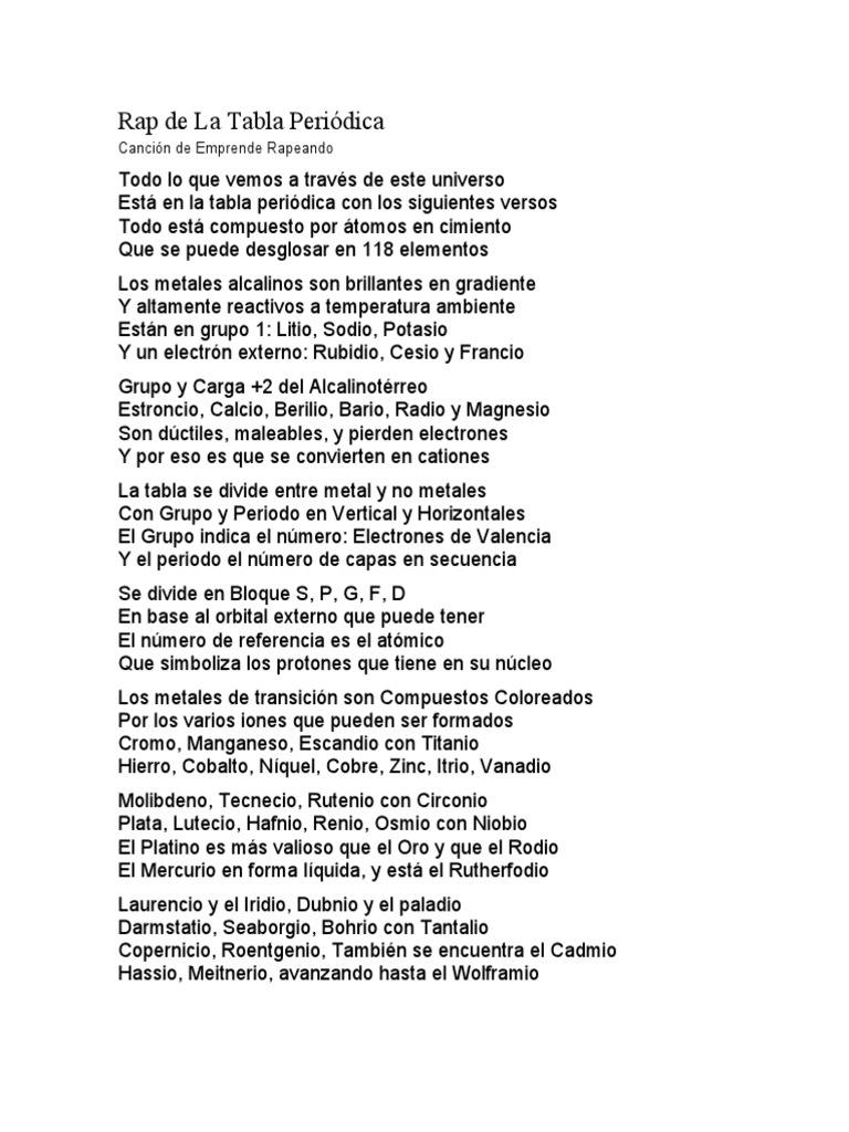 Rap de La Tabla Periódica | PDF | Rieles | Tabla periódica