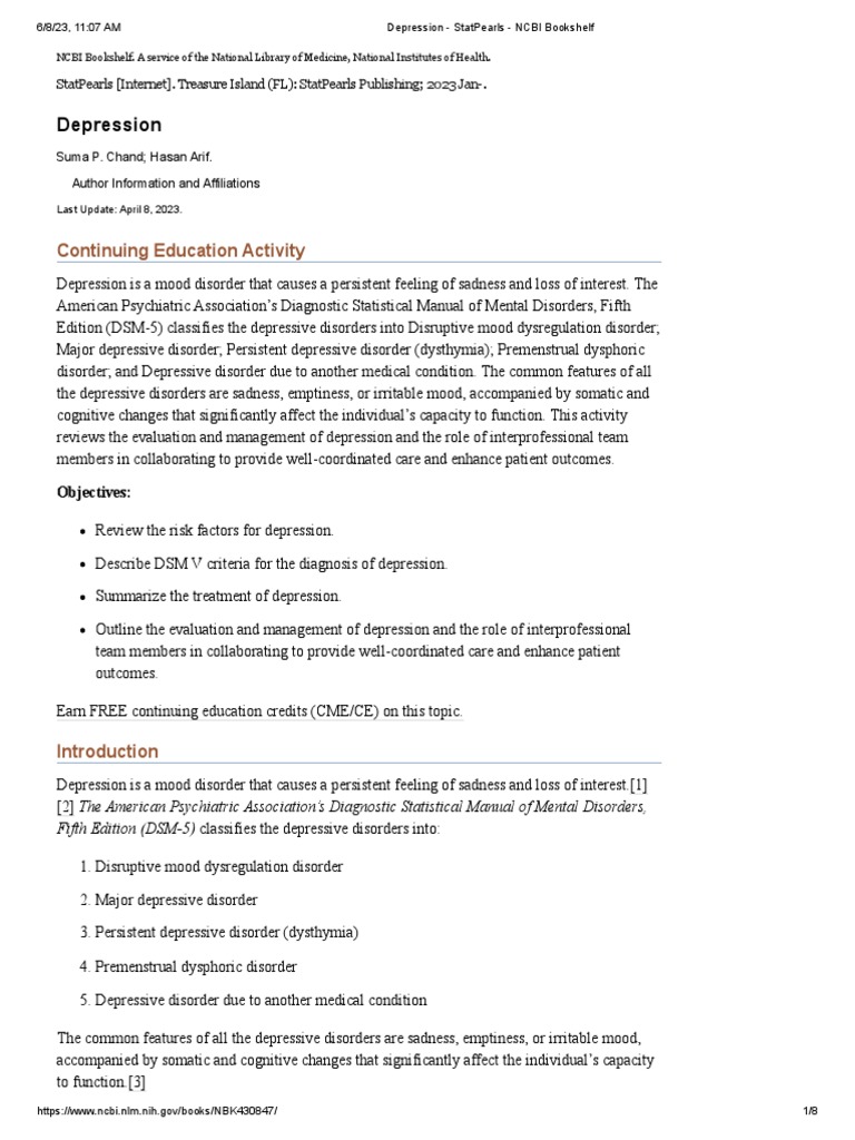 Ref4 - Depression - StatPearls - NCBI Bookshelf Ref | PDF | Major Depressive Disorder ...