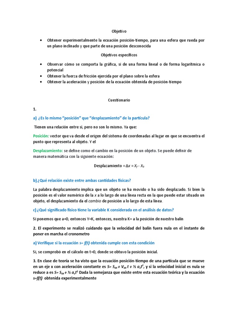 Cuestionario Practica 4 Fisica | PDF | Aceleración | Ecuaciones