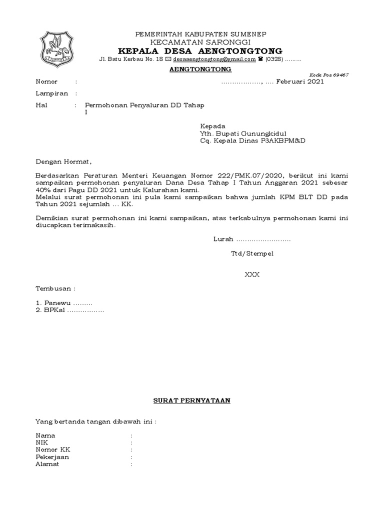 Permohonan Penyaluran Dana Desa 2021 | PDF