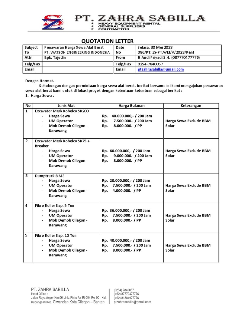 QUOTATION LETTER All Unit PT. Watson Engineering Indonesia | PDF
