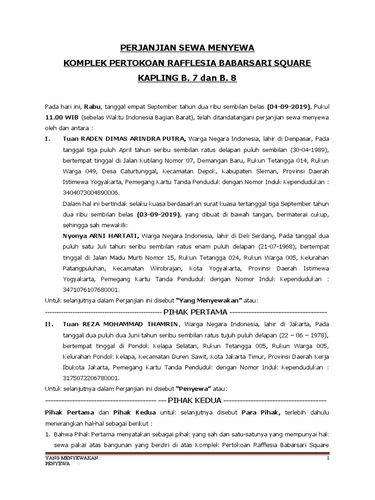 Perjanjian Sewa Menyewa B 7 Dan B 8 Pdf
